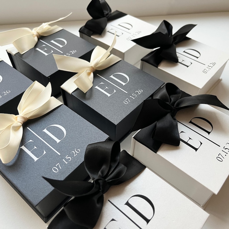 Small Black and White Wedding Favour Gift Boxes With Monogram and Ivory ...