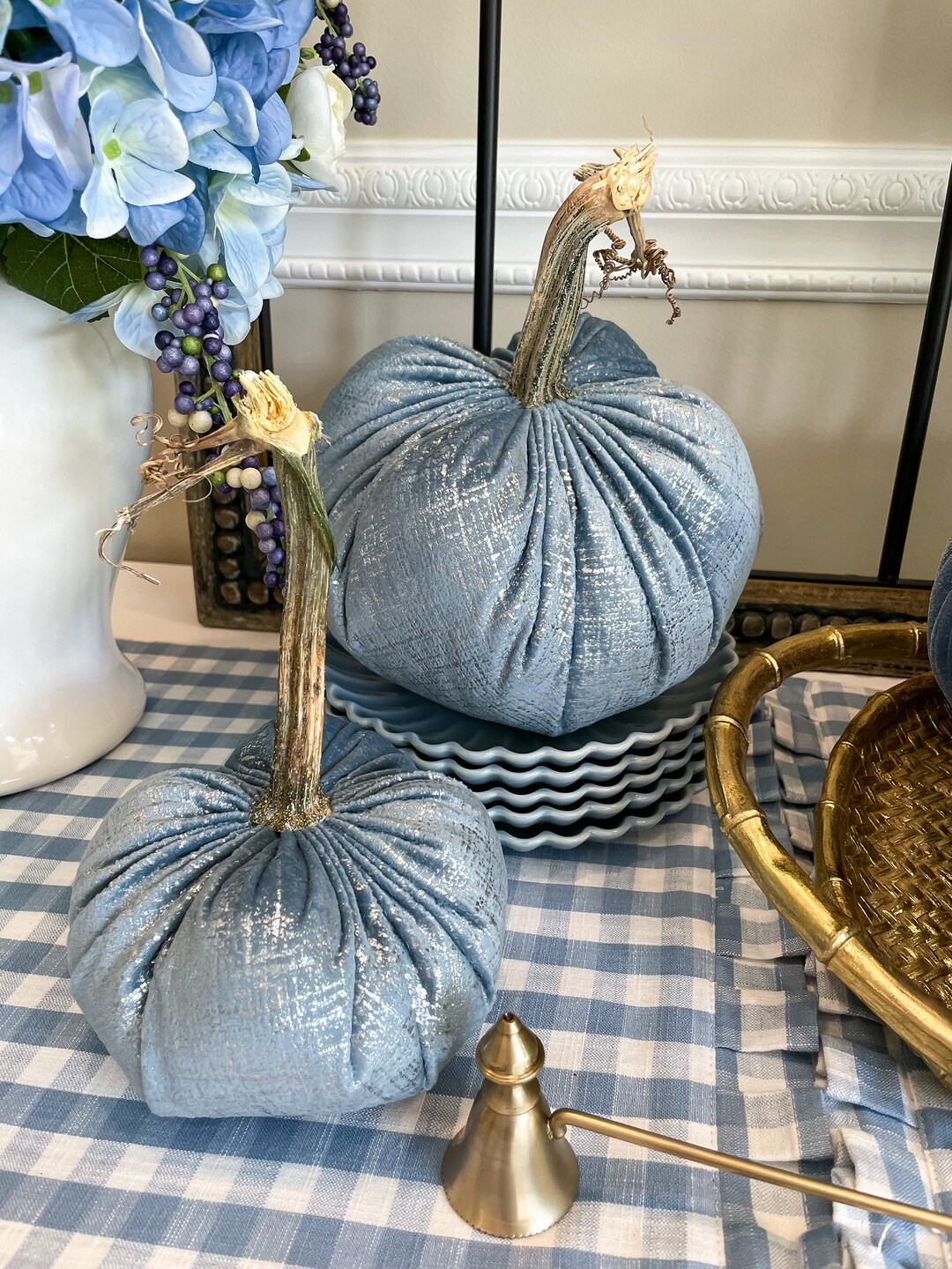 Blue Metallic Velvet Pumpkins With Real Stem, Fall Decor,sold ...