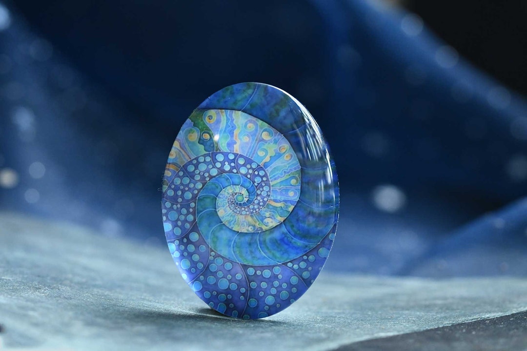 Blue Conch Oval Cabochon,handmade Spiral Image Teardrop Glass Dome ...