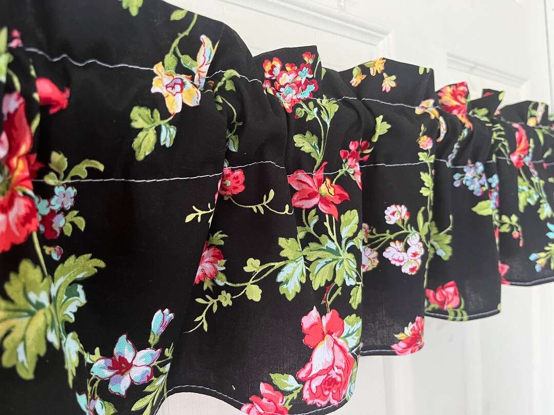 8” Black Floral Valance Ruffle Top Curtain Kitchen Bathroom Bedroom ...