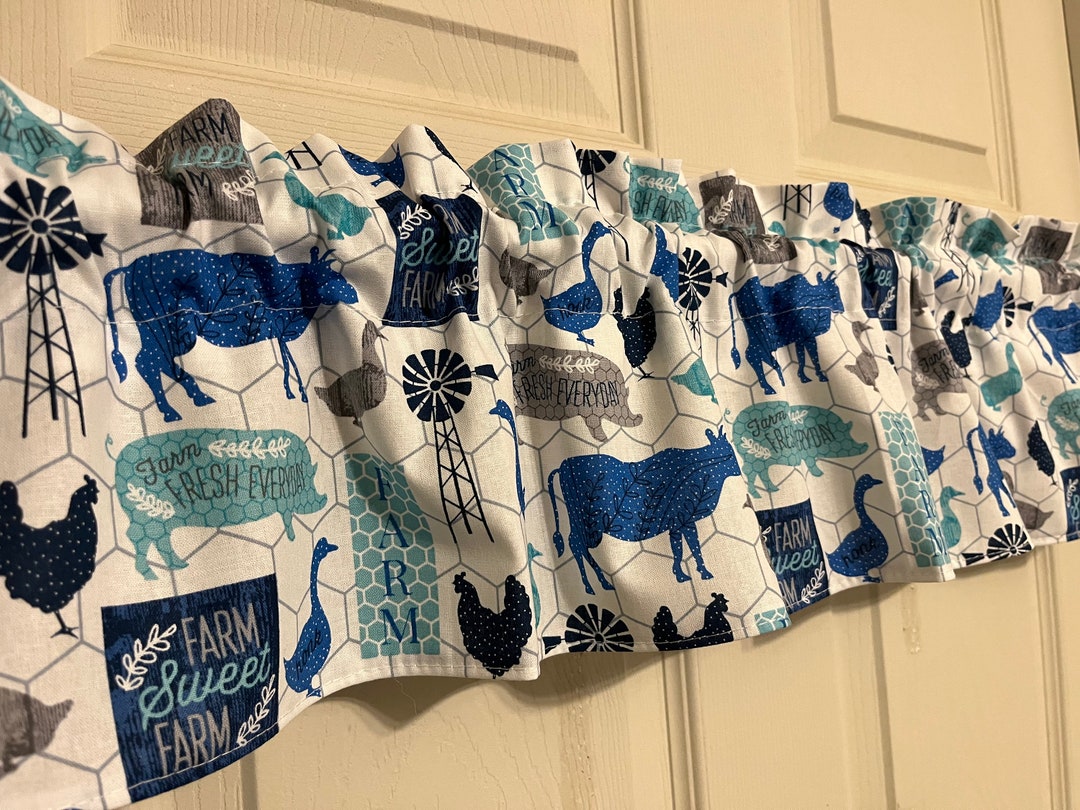 Chicken Cow Farm Pig Valance . Wind Mill Duck Goose Curtain . Blue ...