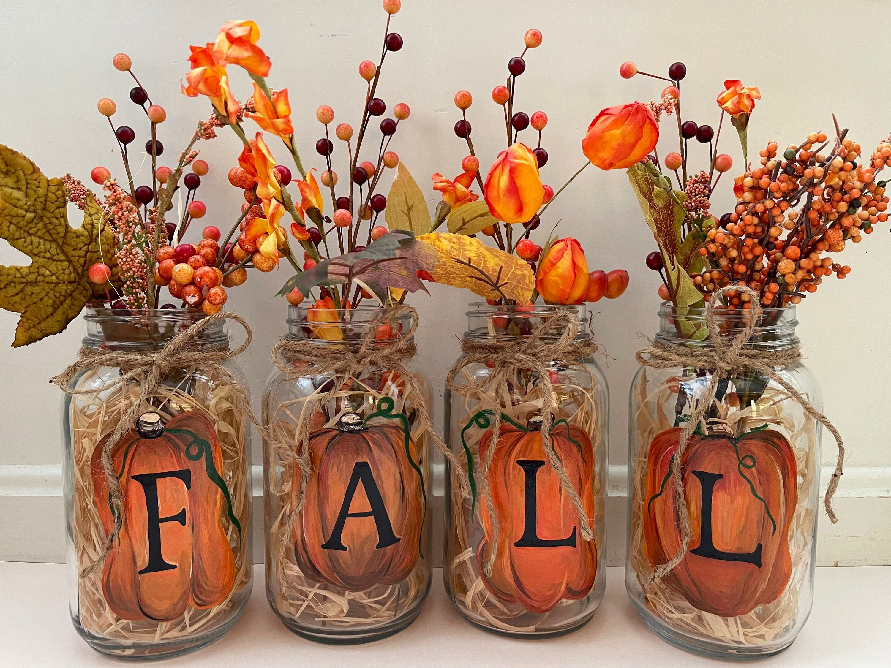 Fall Jars, Pumpkin Jars With Various Floral, Mason Jar Art, Fall ...