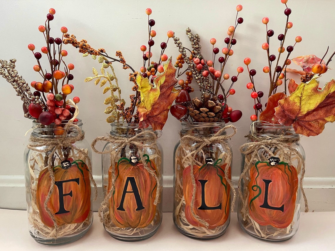 Fall Jars, Pumpkin Jars With Various Floral, Mason Jar Art, Fall ...