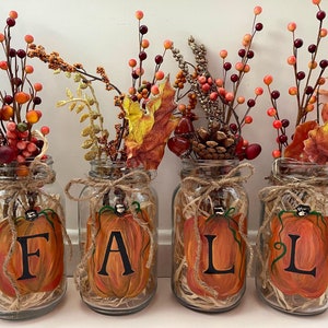 Fall Jars, Pumpkin Jars With Various Floral, Mason Jar Art, Fall ...