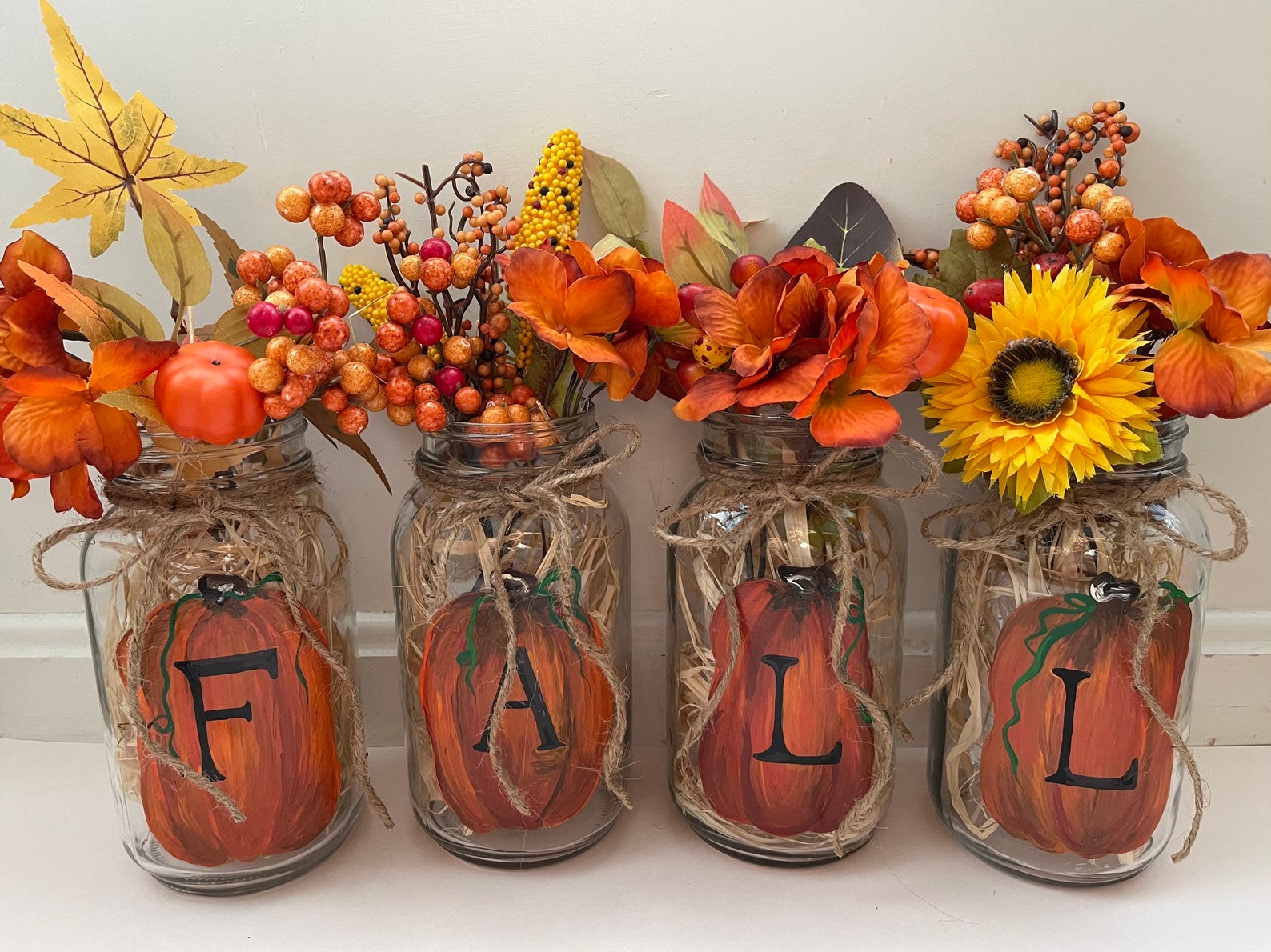 Fall Jars, Pumpkin Jars With Various Floral, Mason Jar Art, Fall ...