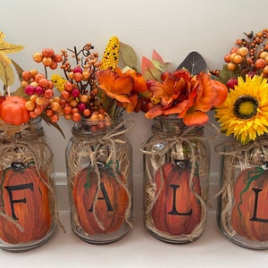Fall Jars, Pumpkin Jars With Various Floral, Mason Jar Art, Fall ...