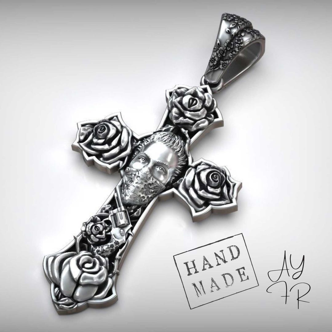 Handmade Chicano Cross Pendant in Sterling Silver – Rose & Masked Woman ...