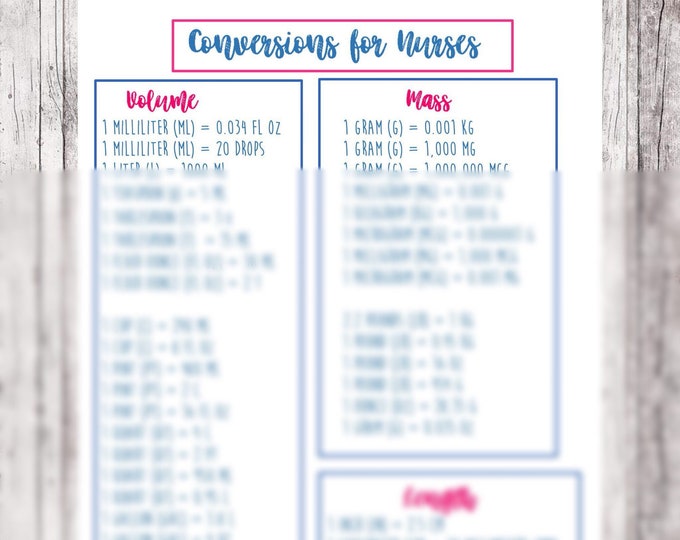 Conversions for Nurses // Nursing Conversions // Conversion Sheets - Etsy