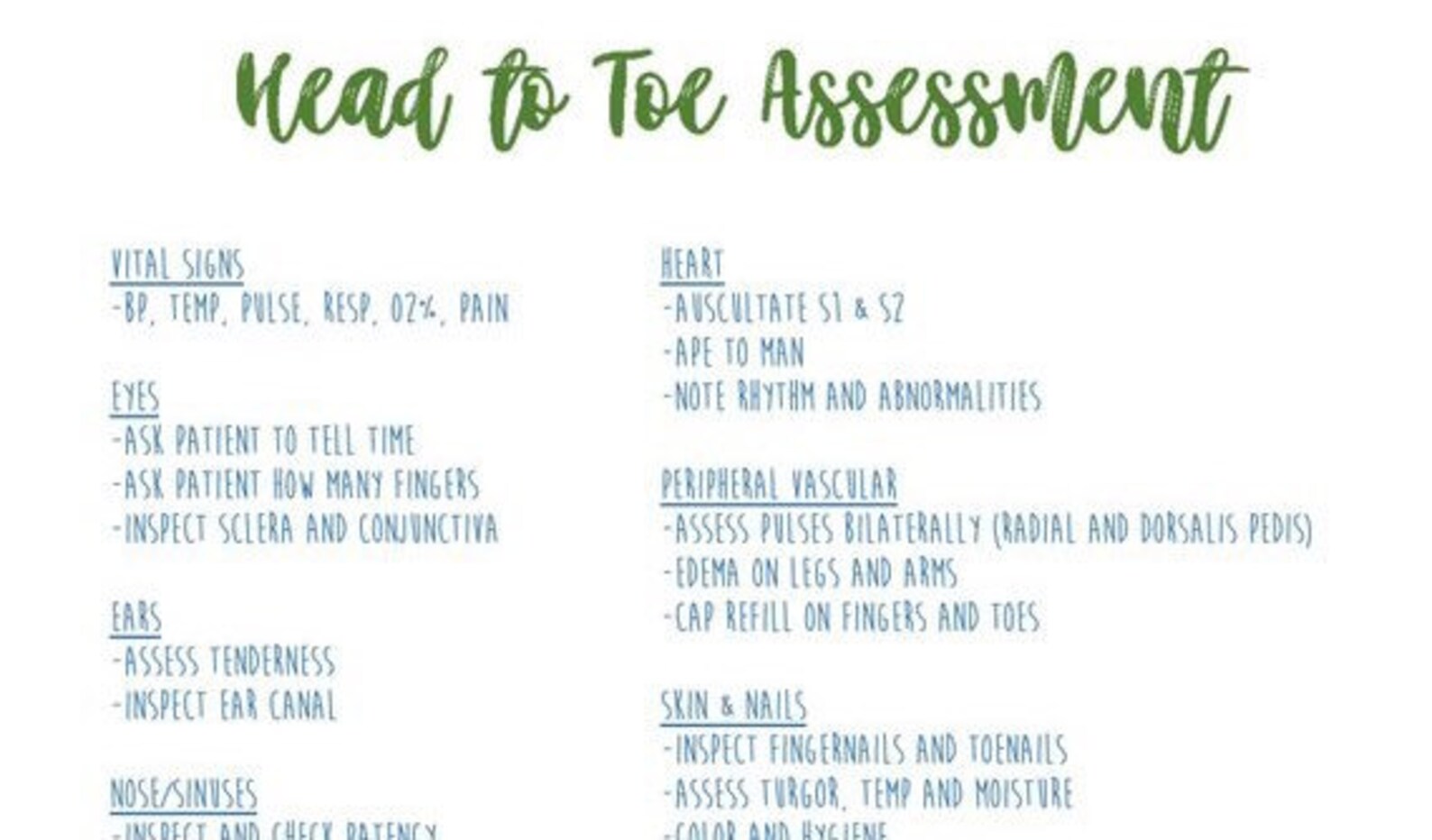 Head to Toe Assessment Reference Sheet // Nursing School Worksheet - Etsy