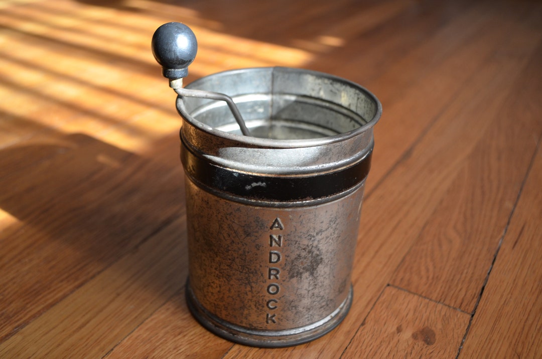 ANTIQUE 1920's 1920s ANDROCK Sifter Antique Tin Flour Sifter Black Wood ...