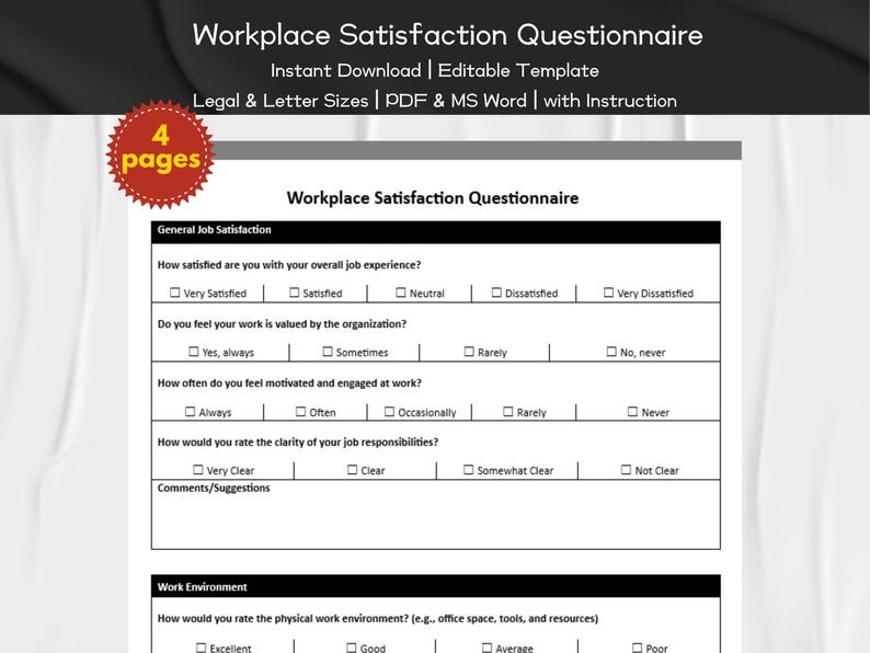 Workplace Satisfaction Questionnaire Form Editable and Printable ...