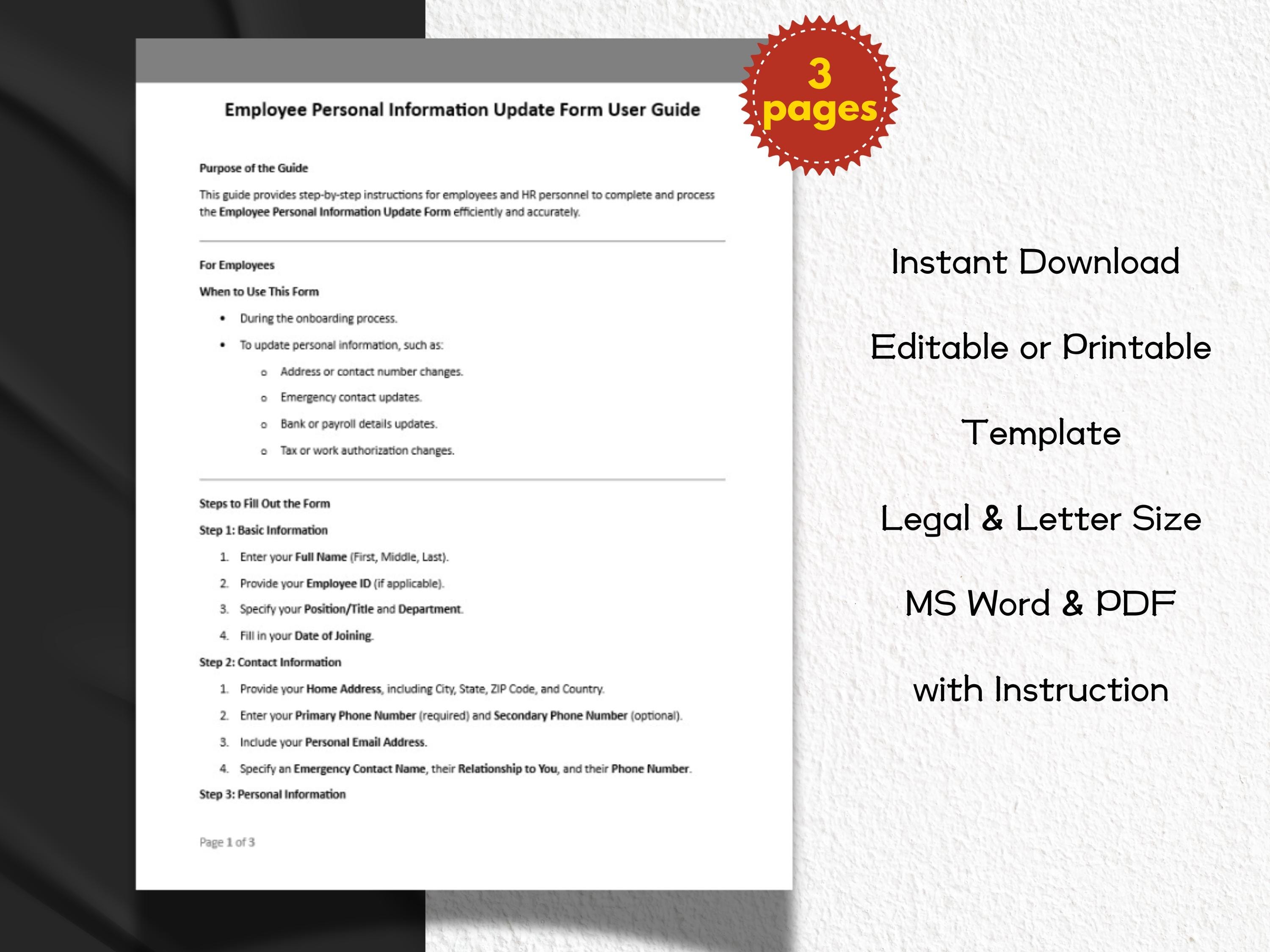 Employee Personal Information Update Form Editable and Printable ...