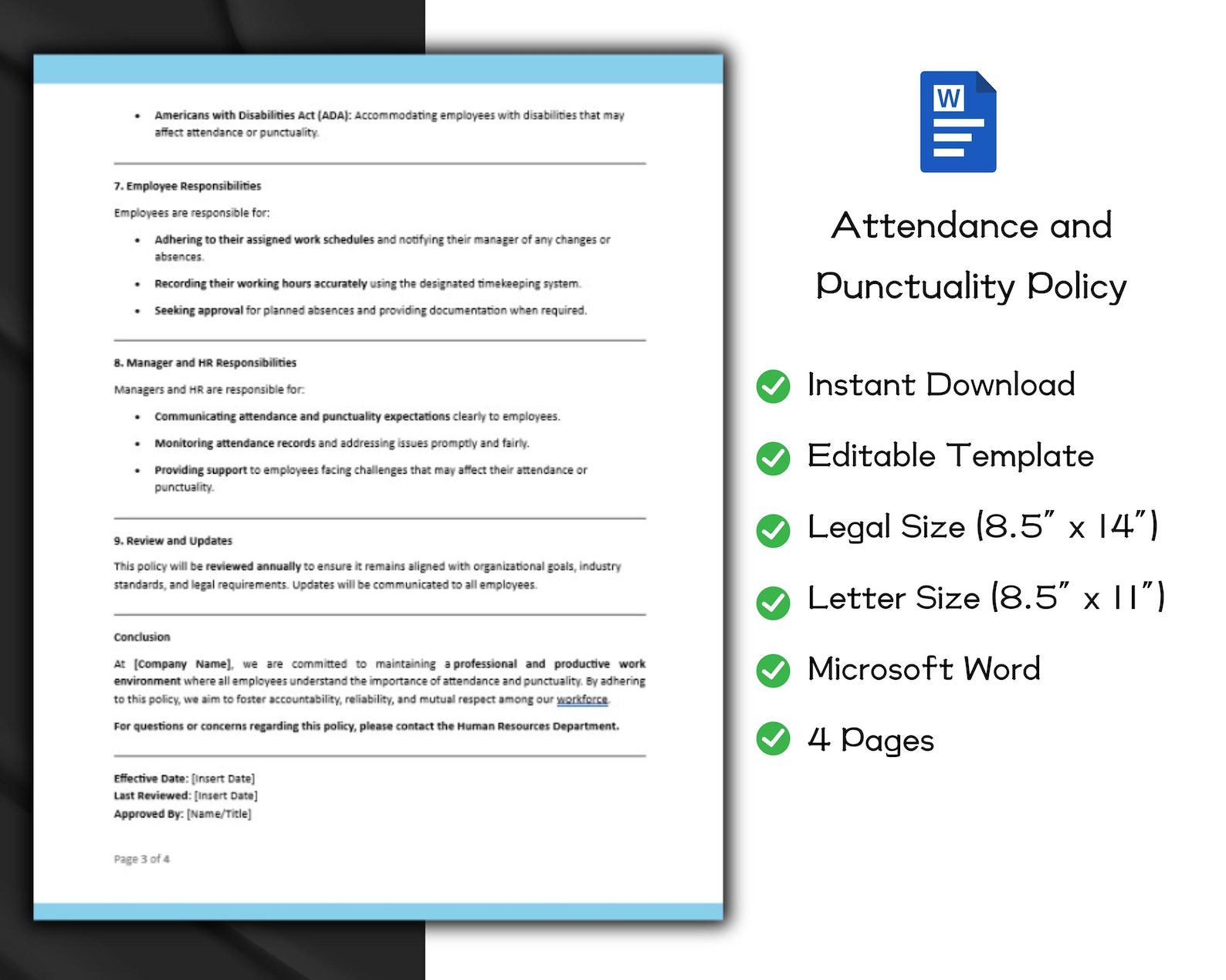 Attendance and Punctuality Policy Editable Template | Human Resource ...