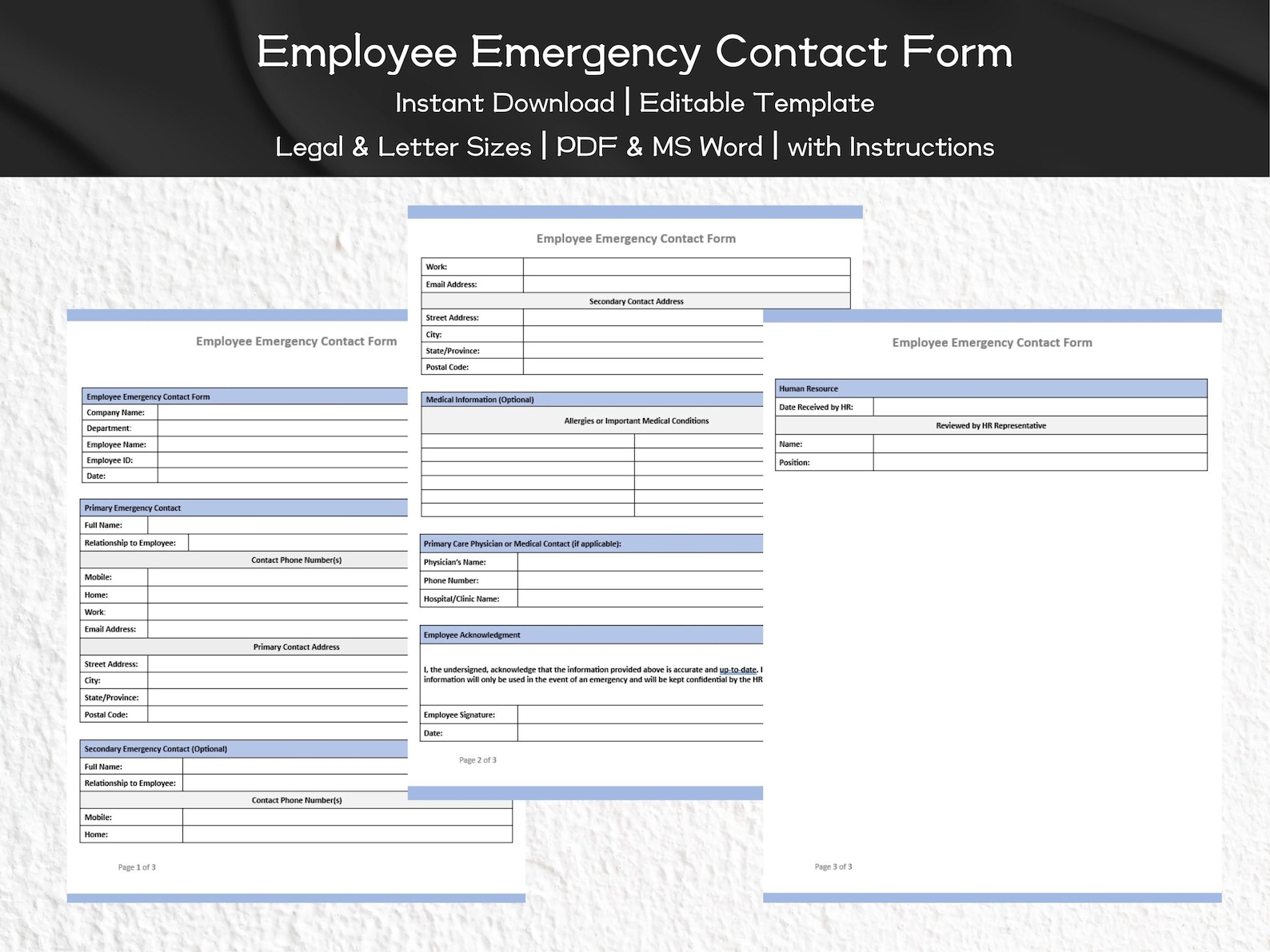 Employee Emergency Contact Form Editable and Printable Template | HR ...
