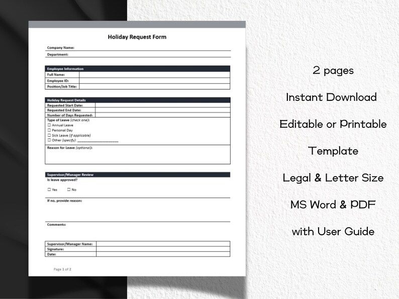 Holiday Request Form Editable and Printable Template | Employee ...
