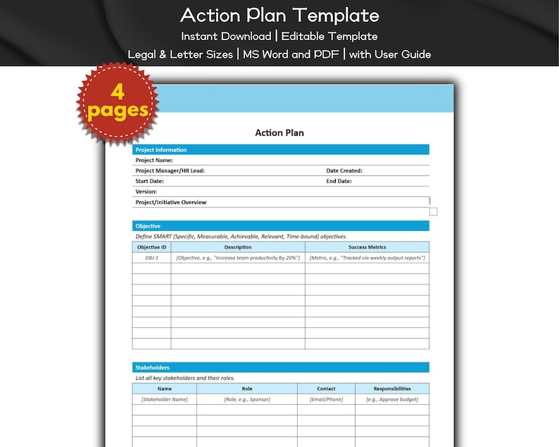 Action Plan Template Editable and Printable | Project Management ...