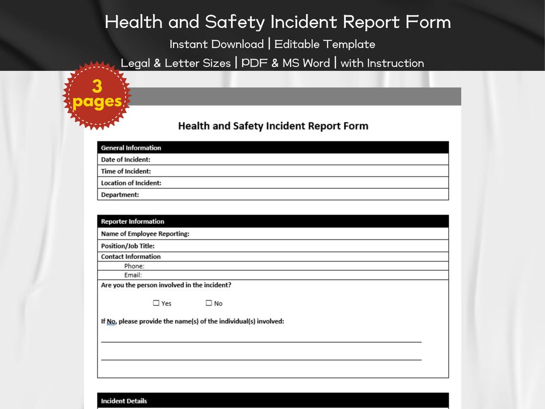 Health and Safety Incident Report Form Editable and Printable Template ...