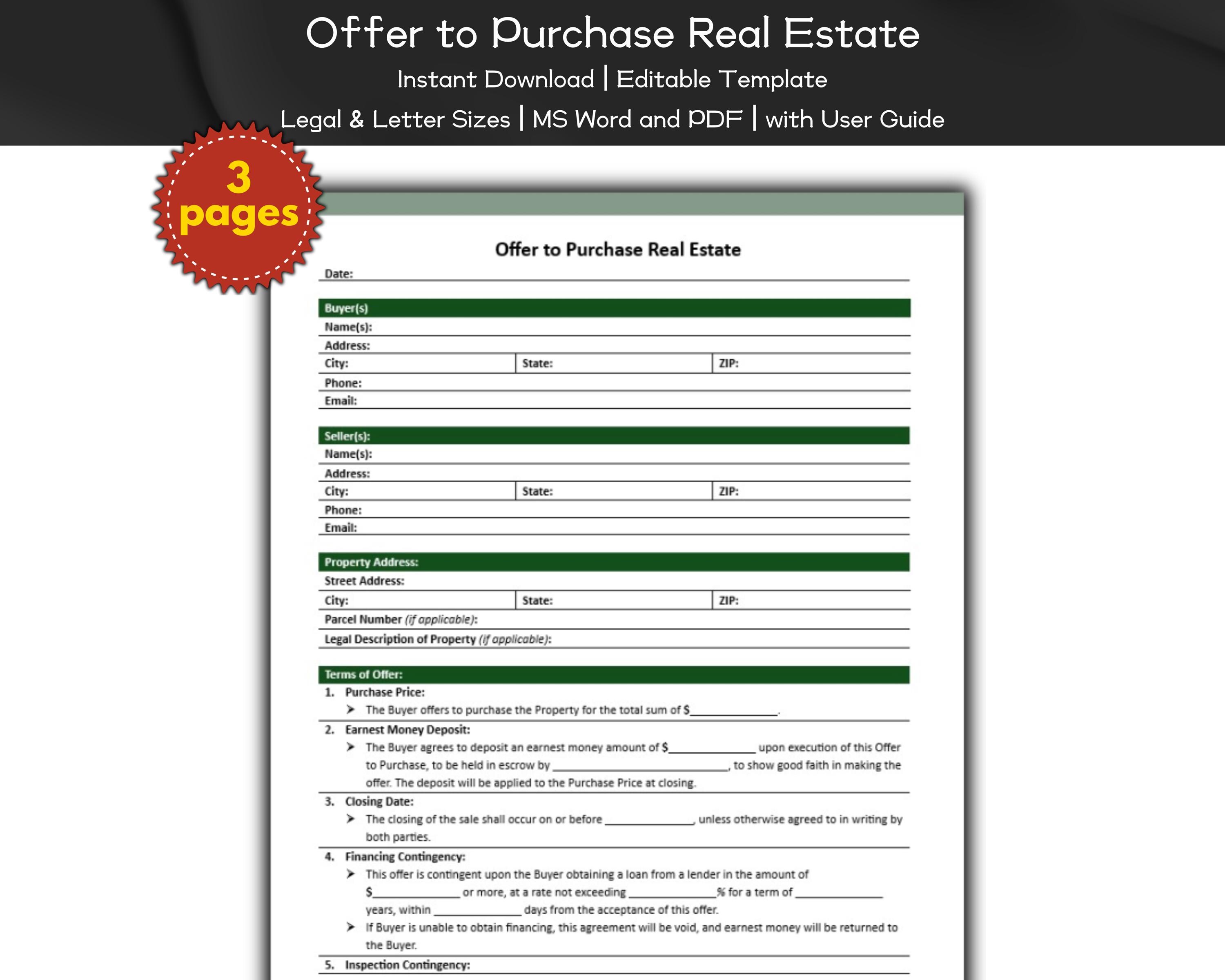 Offer to Purchase Form Editable and Printable Template | Real Estate ...