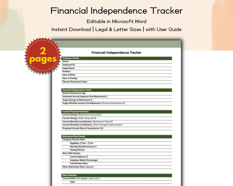 Financial Independence Tracker | Printable and Editable Retirement ...