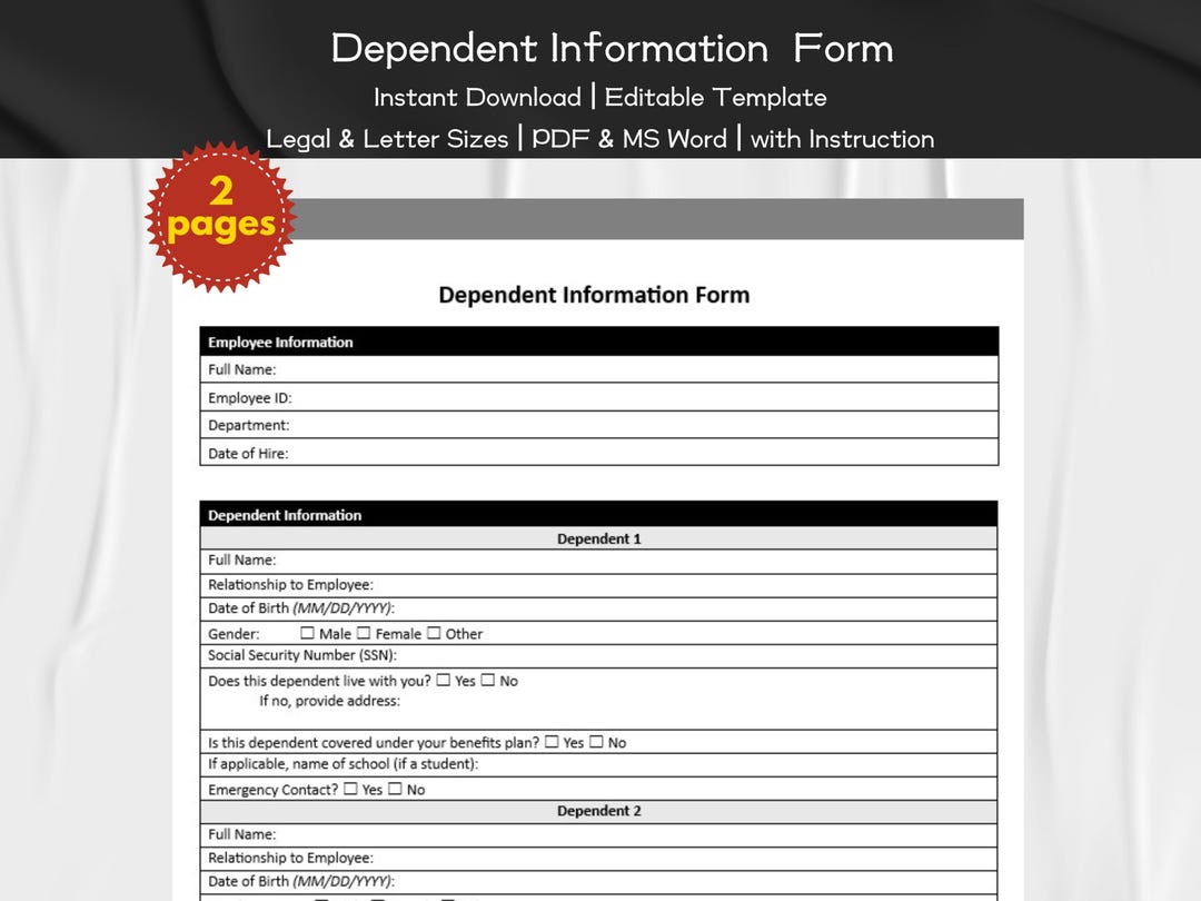 Dependent Information Form Editable and Printable Template | Human ...