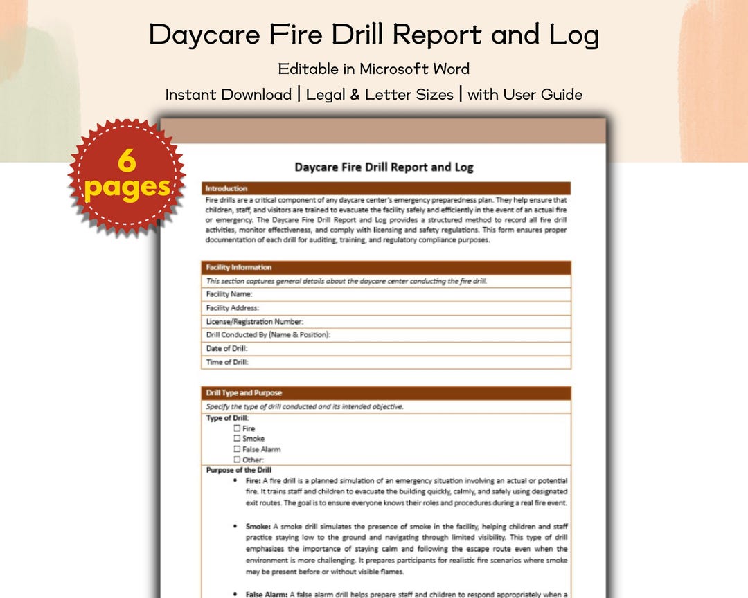 Daycare Fire Drill Report and Log Editable and Printable Template ...
