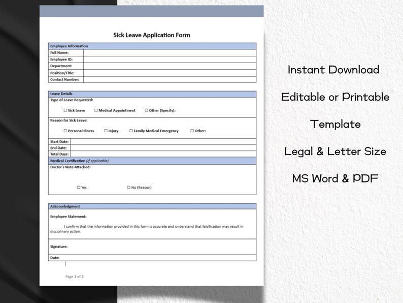 Sick Leave Application Form Editable and Printable Template | HR ...