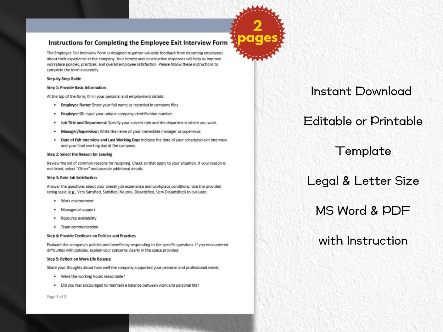 Employee Exit Interview Form Editable and Printable Template | HR Professionals Form | Human ...
