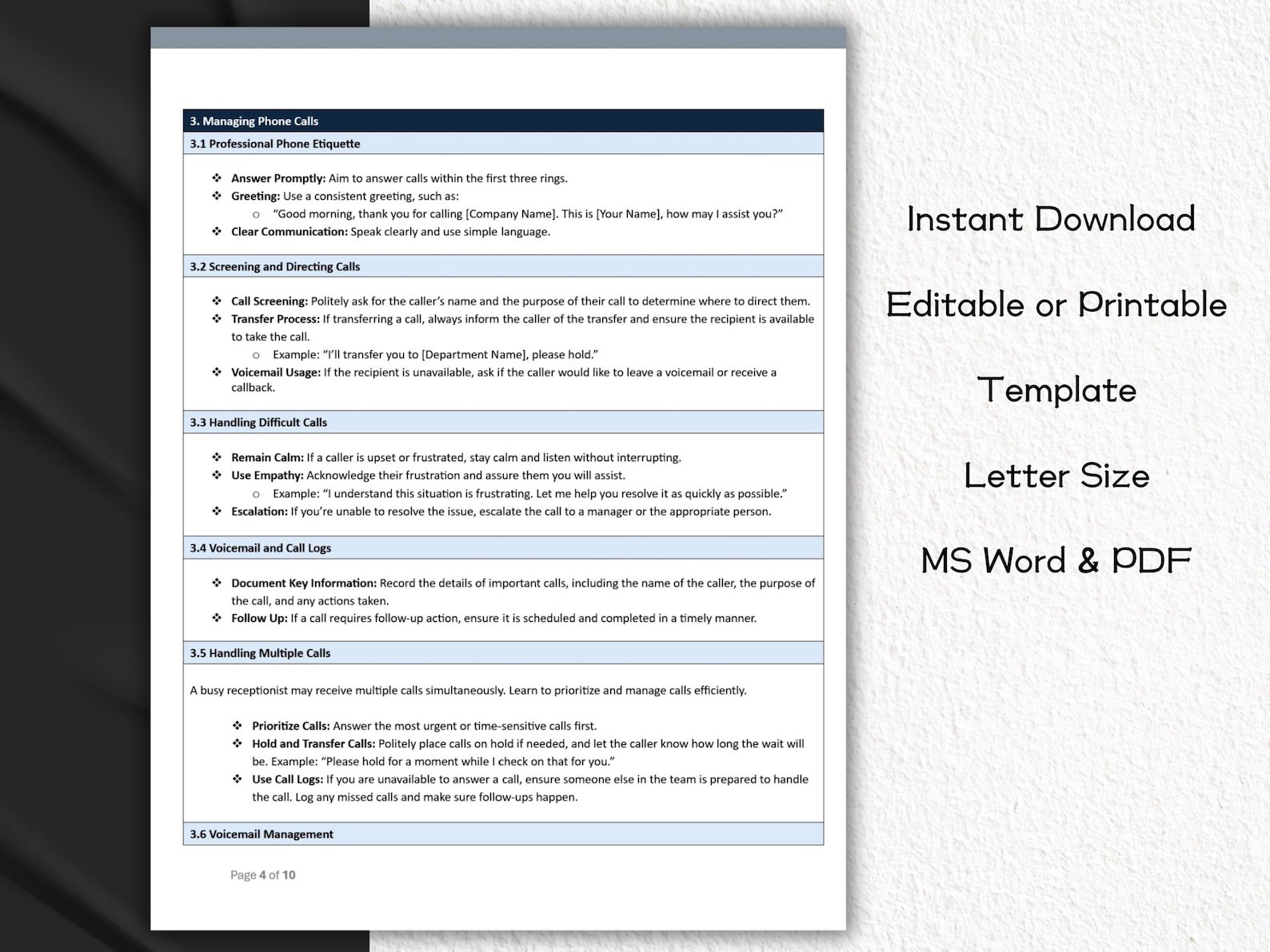 Front Desk Receptionist Handbook Editable Template | Professional ...