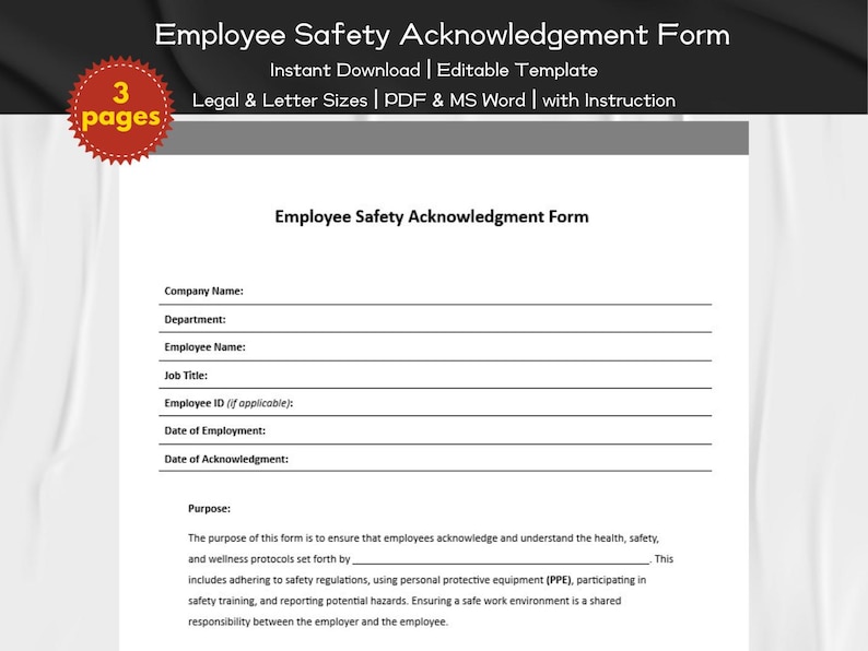 Employee Safety Acknowledgment Form Editable and Printable Template ...