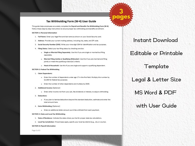 Tax Withholding Form (W-4) Editable and Printable Template | Employee ...