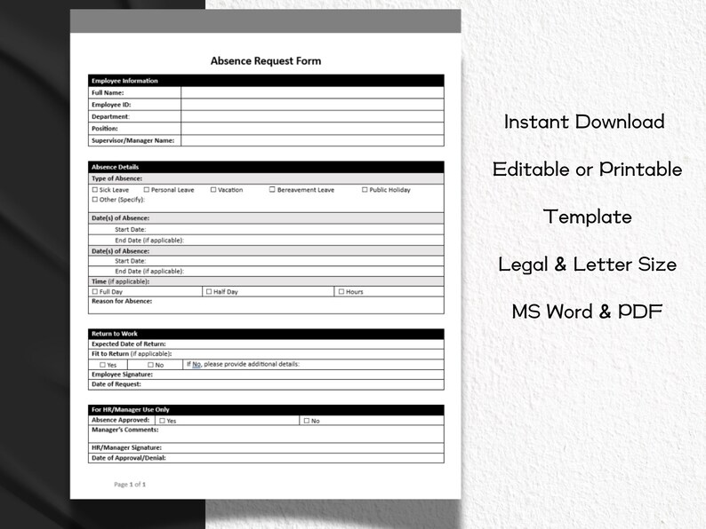 Absence Request Form Template Editable and Printable | HR Professionals ...