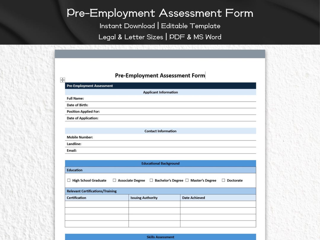 Pre-employment Assessment Form Editable and Printable Template ...