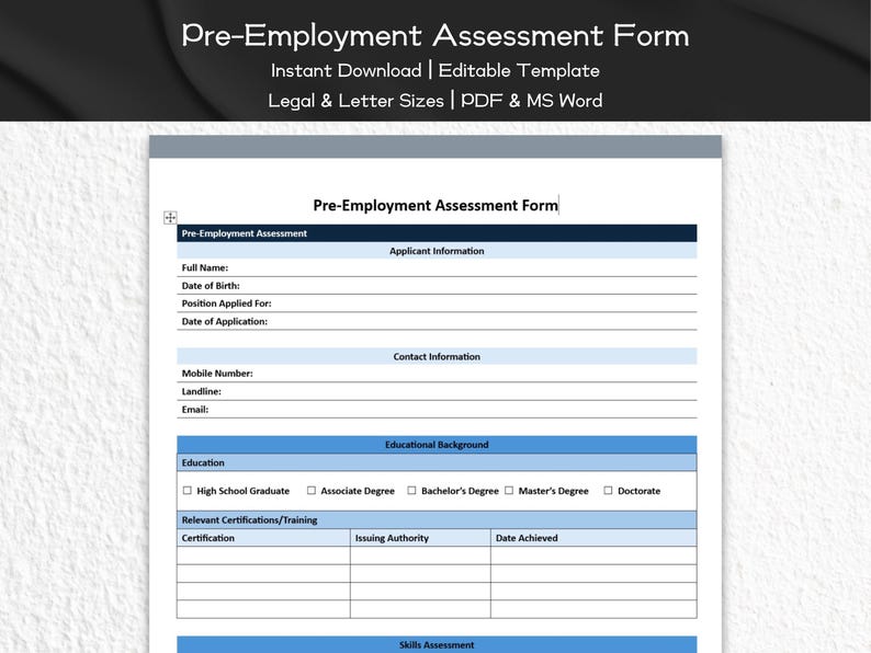 Pre-employment Assessment Form Editable and Printable Template ...