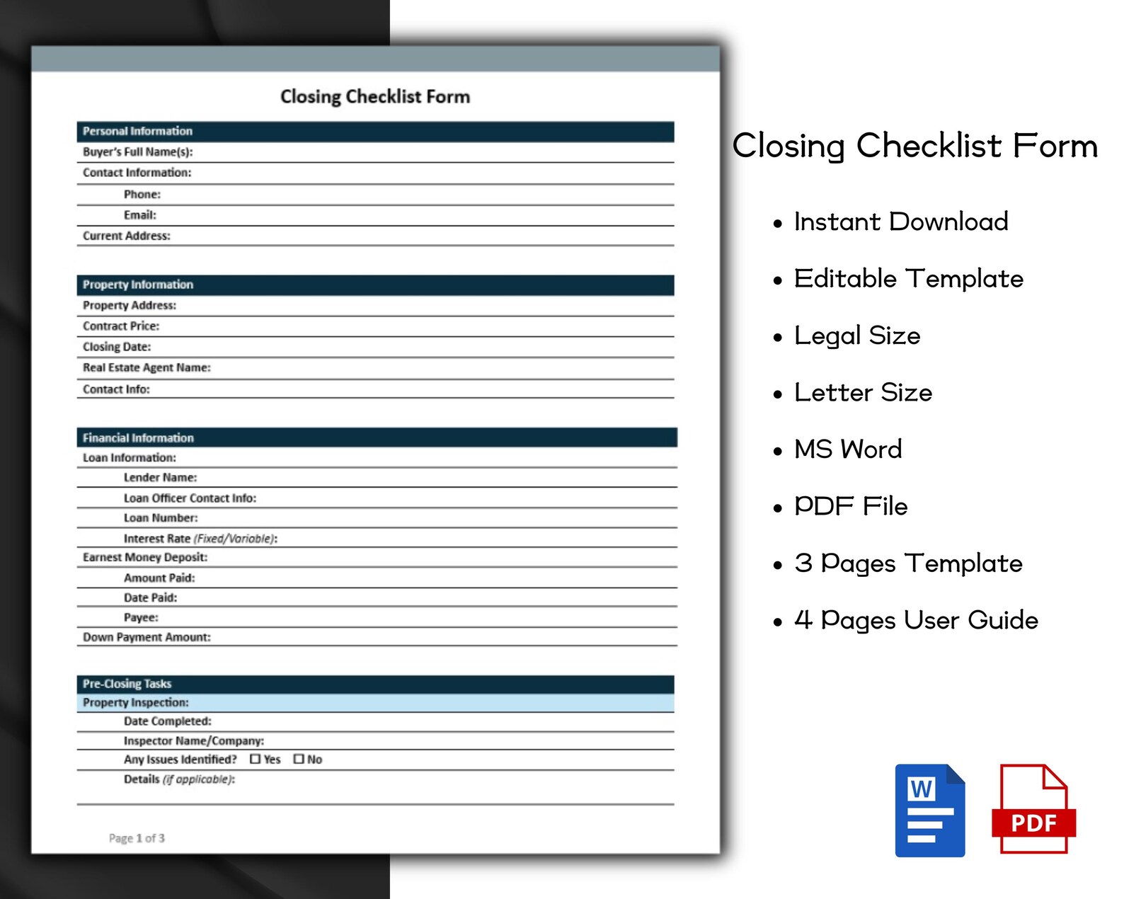 Closing Checklist Form Editable and Printable Template for Real Estate ...