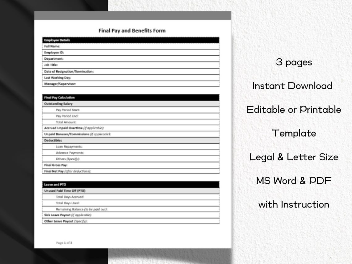 Final Pay and Benefits Form Editable and Printable Template | HR ...