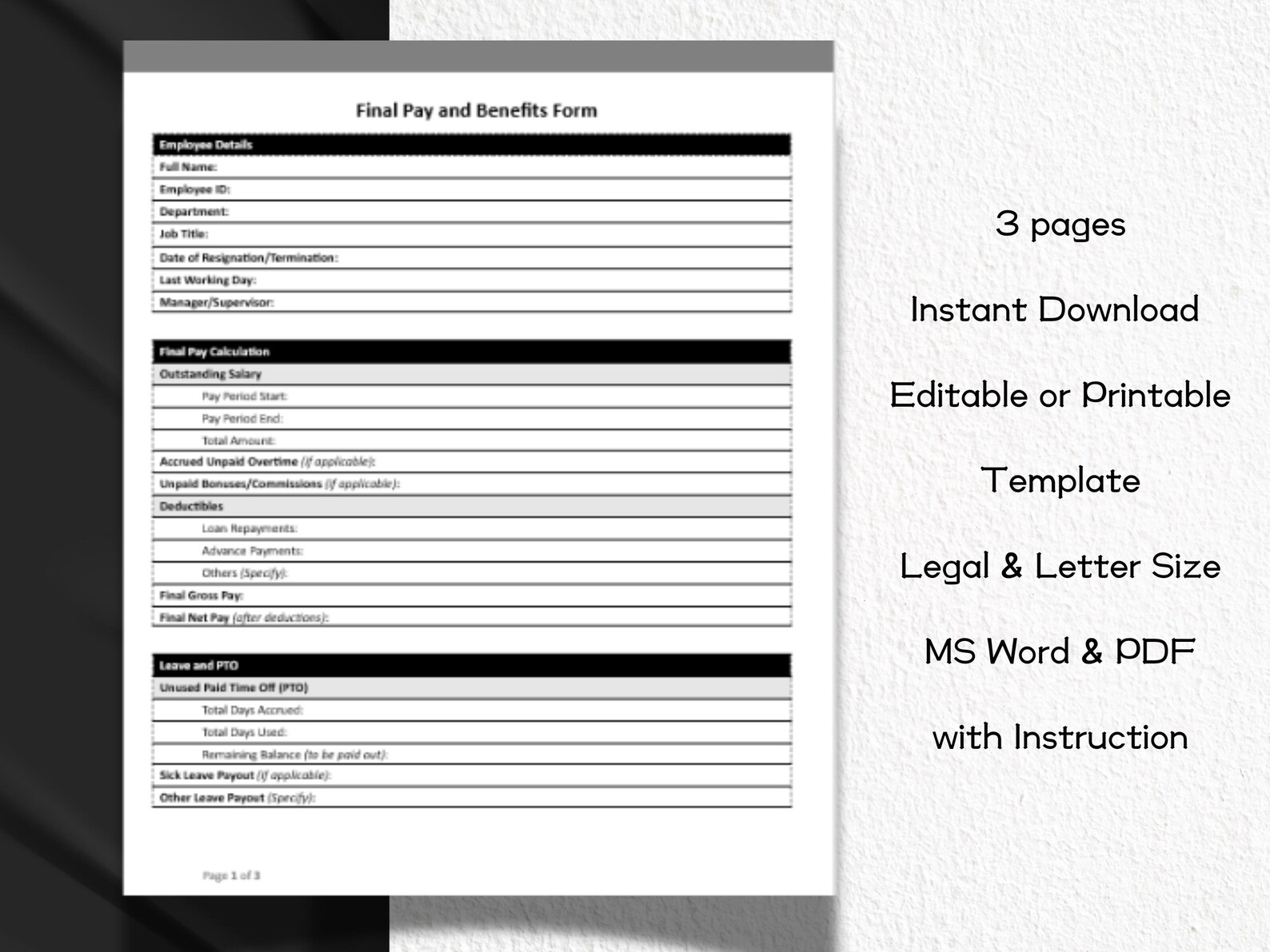 Final Pay and Benefits Form Editable and Printable Template | HR ...