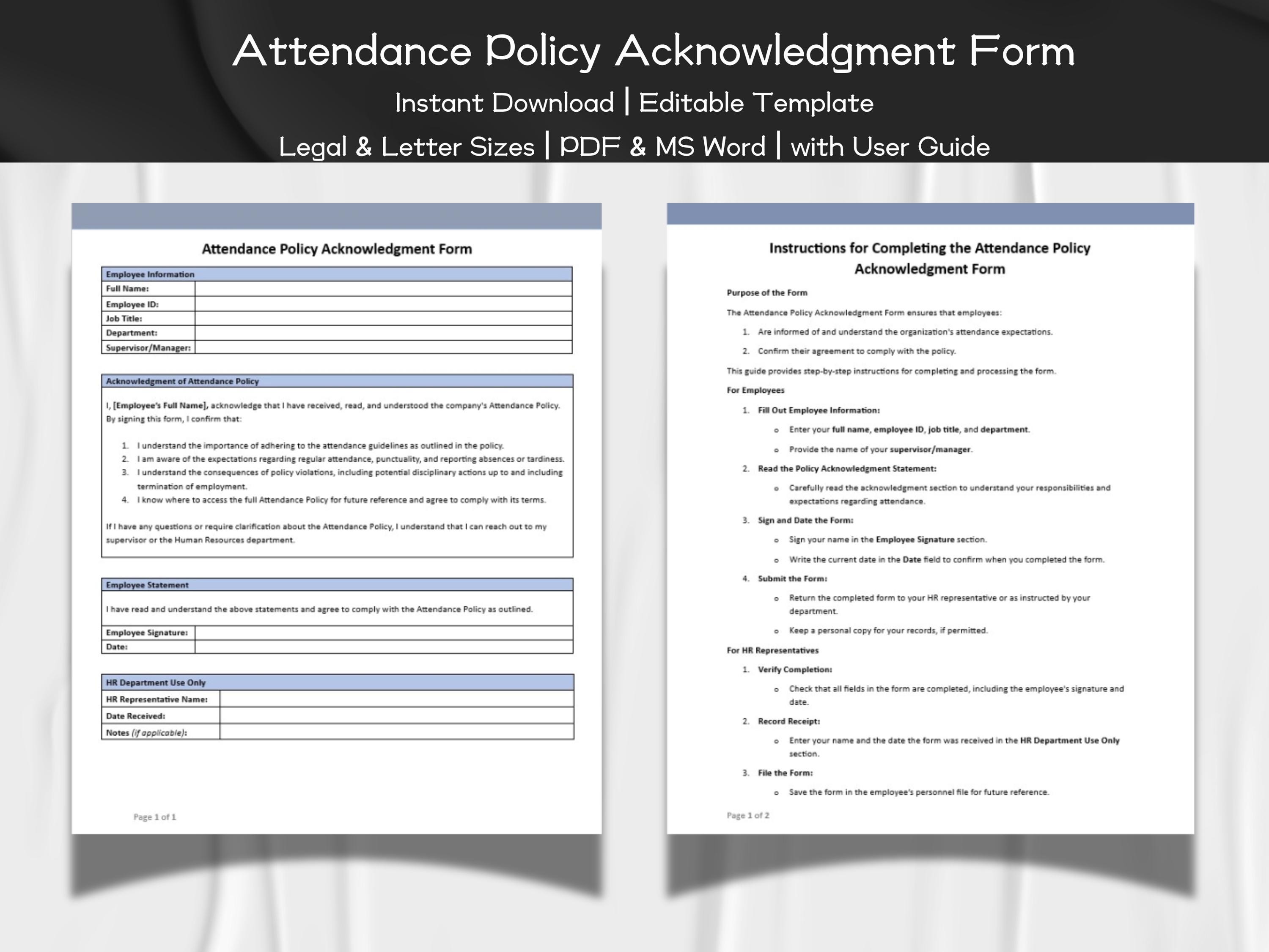 Attendance Policy Acknowledgment Form Editable and Printable Template ...