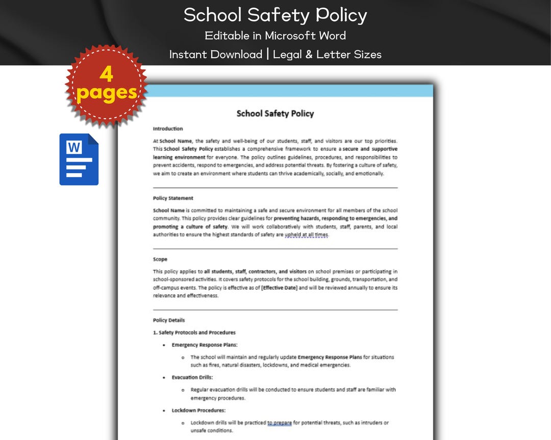 School Safety Policy Editable Template | Education and Training | Human ...