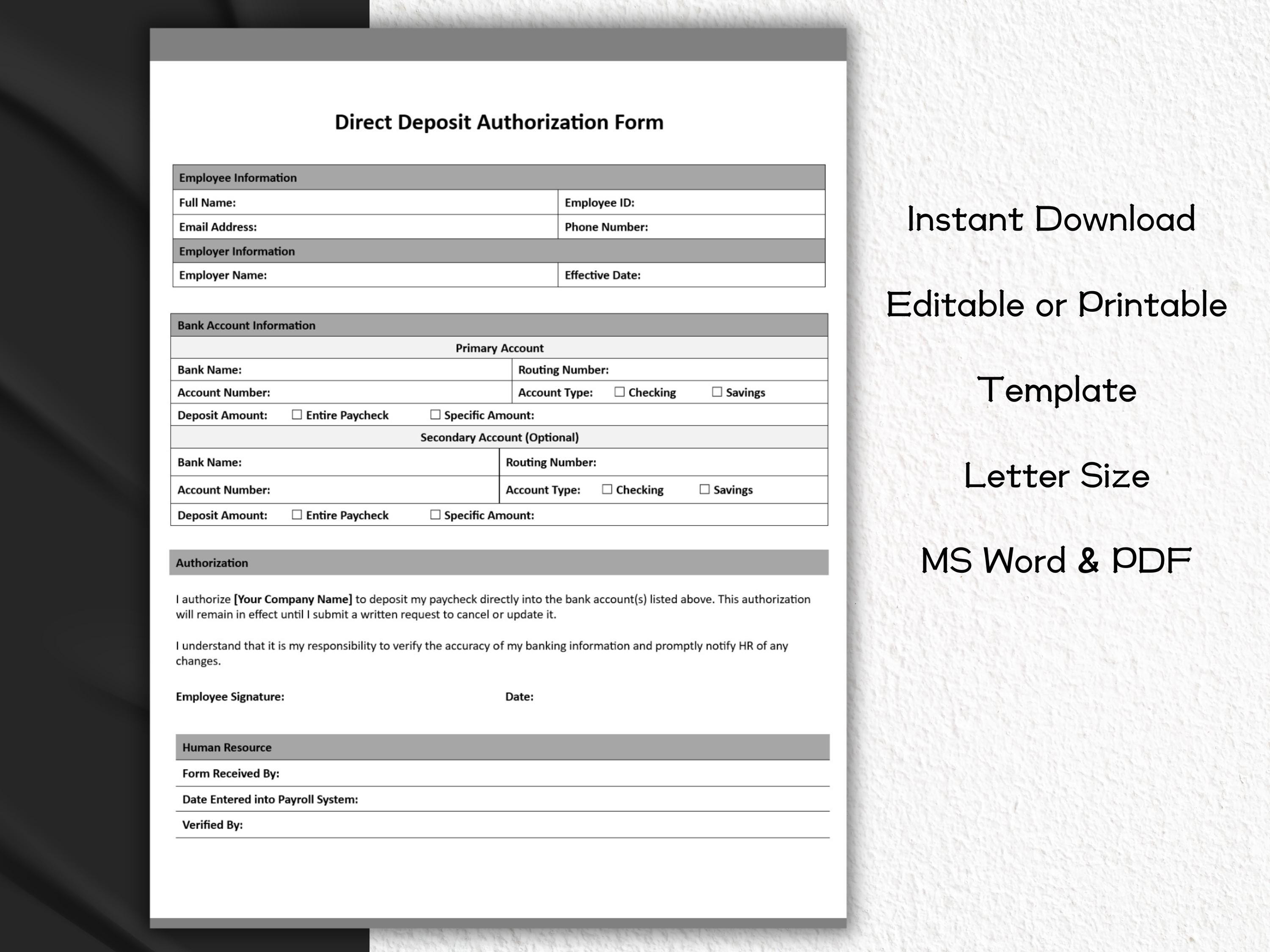 Direct Deposit Authorization Form Editable and Printable Template | HR ...