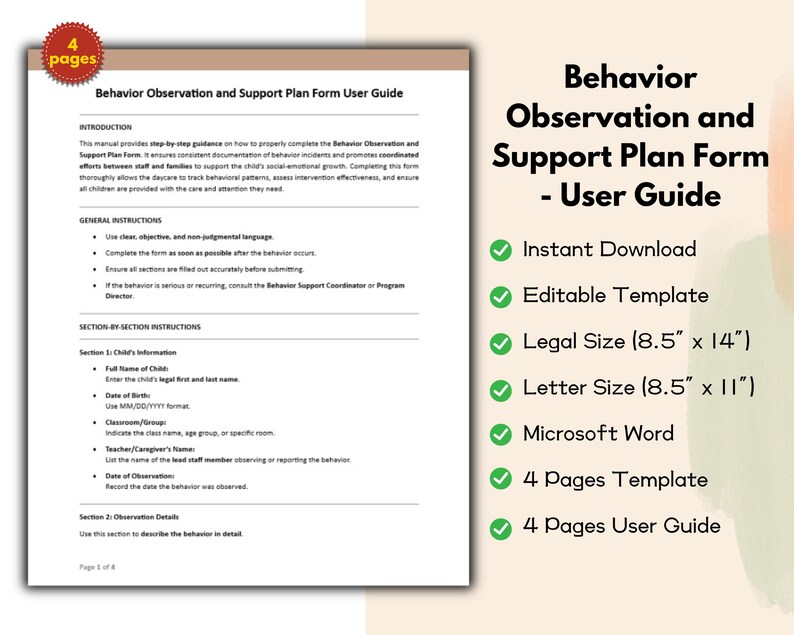 Daycare Behavior Observation and Support Plan Form Editable and ...