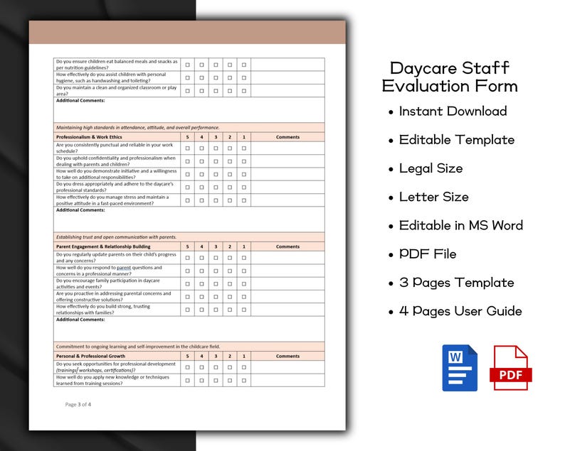 Daycare Staff Evaluation Form Printable and Editable Template ...