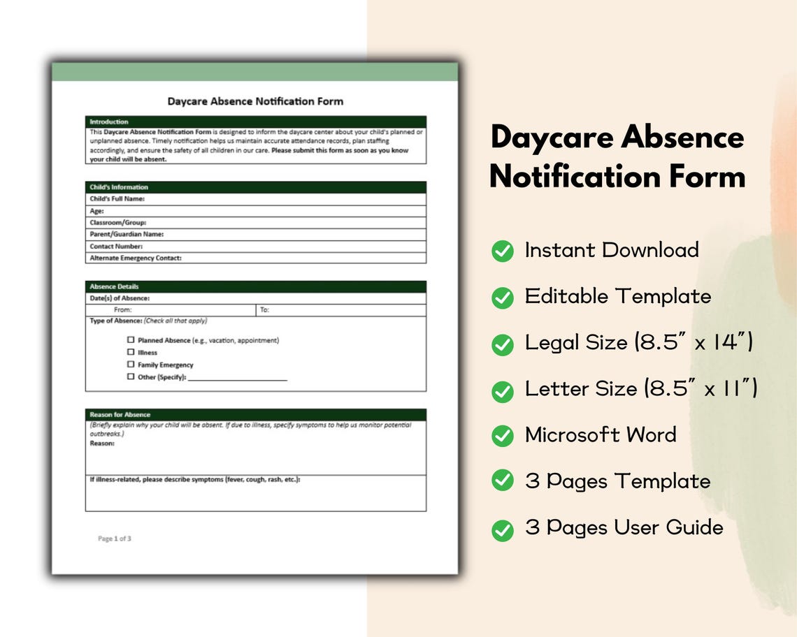 Daycare Absence Notification Form Editable and Printable Template Child ...