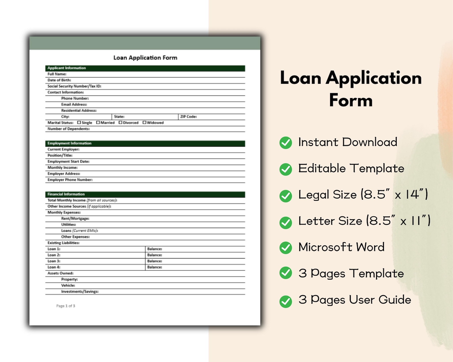Loan Application Form Editable And Printable Template For Personal Or