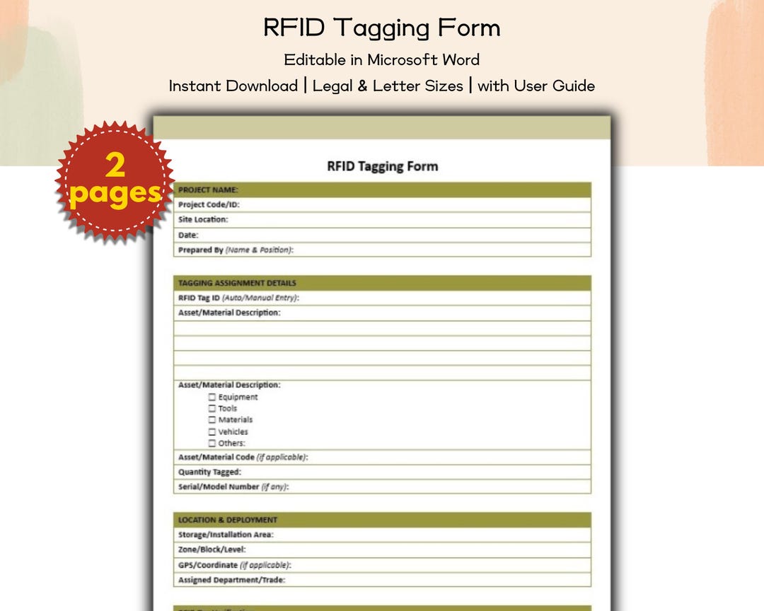 Construction Company RFID Tagging Form Editable and Printable Template ...