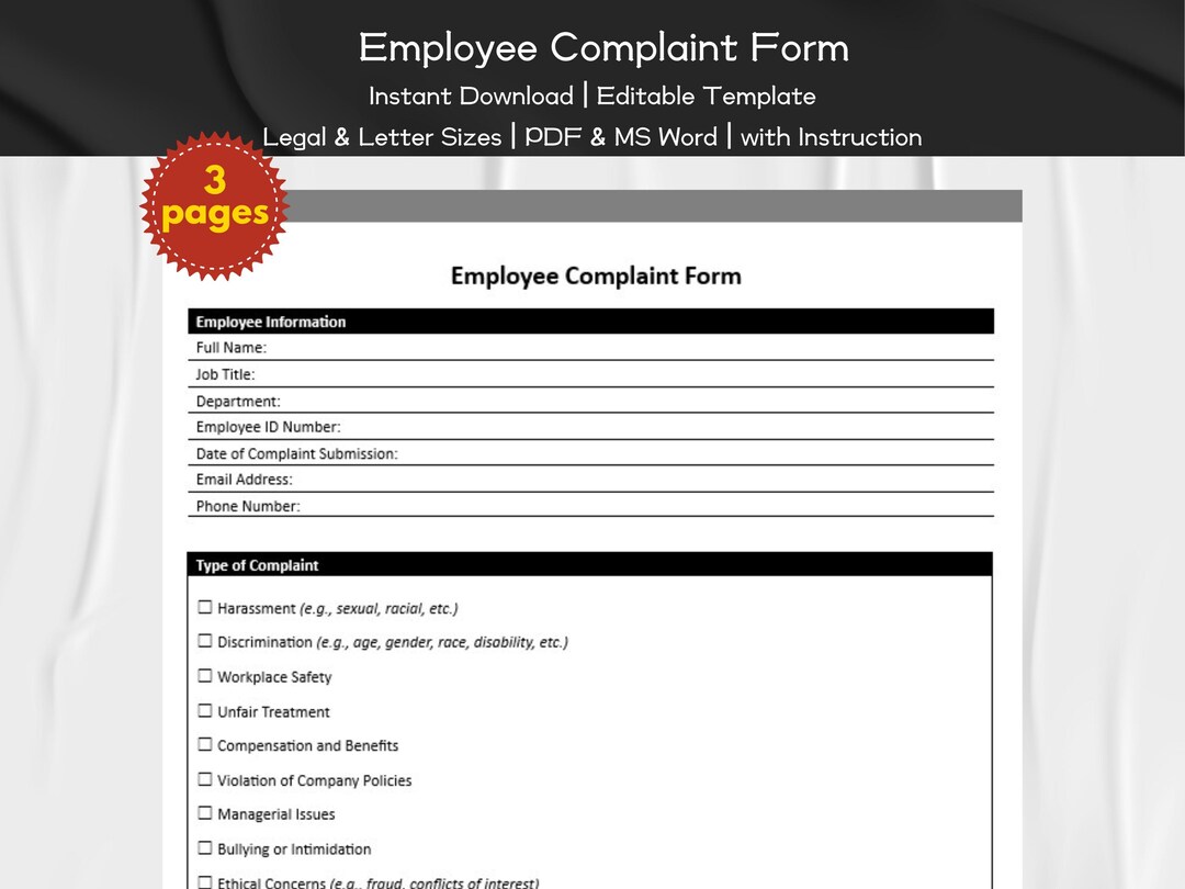 Employee Complaint Form Editable and Printable Template With Manual | HR Professionals Form | HR ...