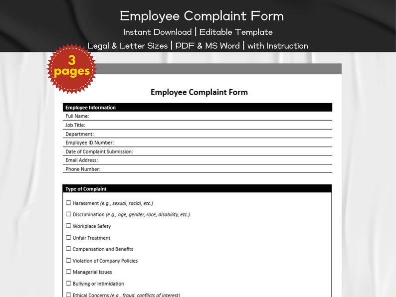 Employee Complaint Form Editable and Printable Template With Manual ...