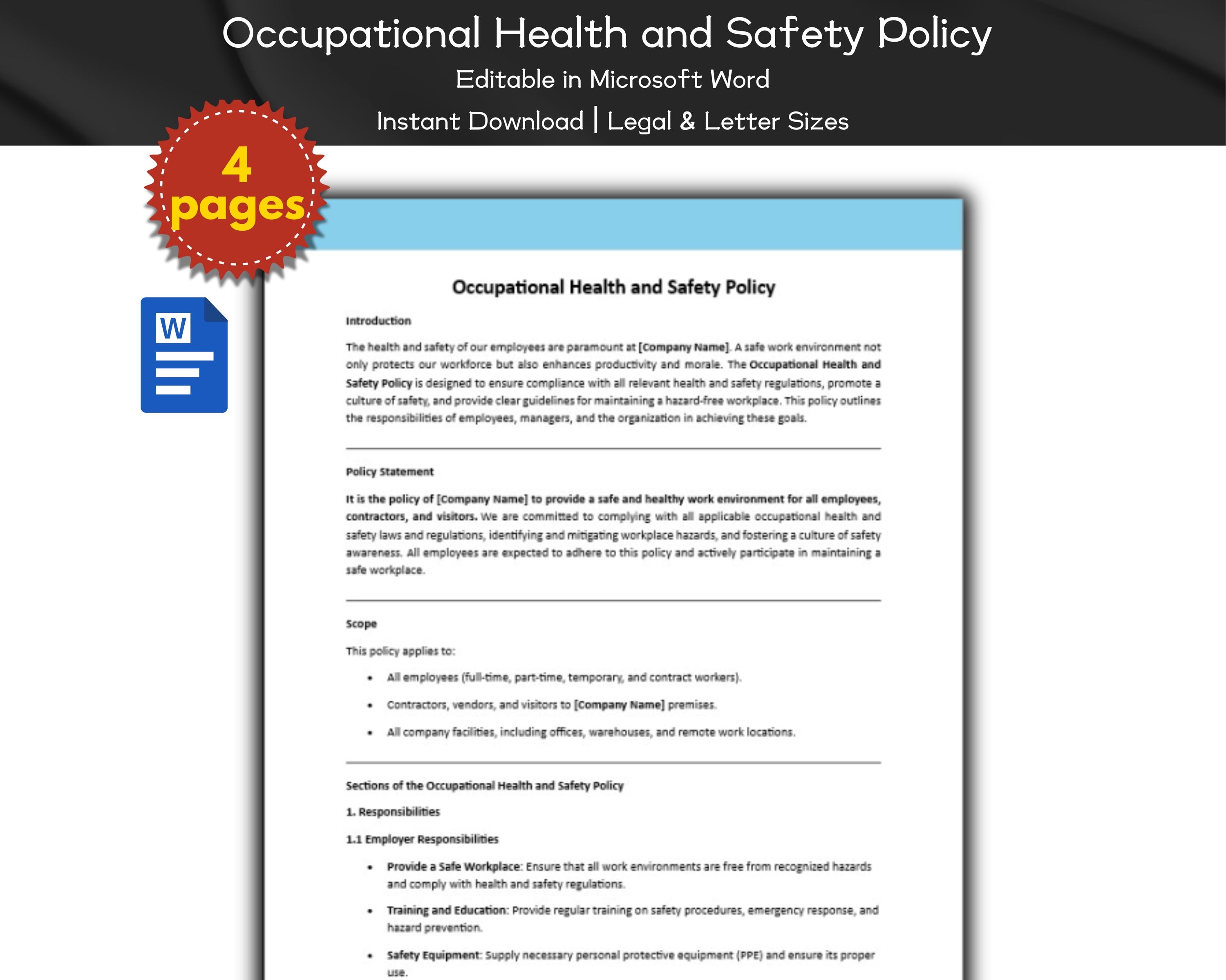 Occupational Health and Safety Policy Editable Template | Human ...