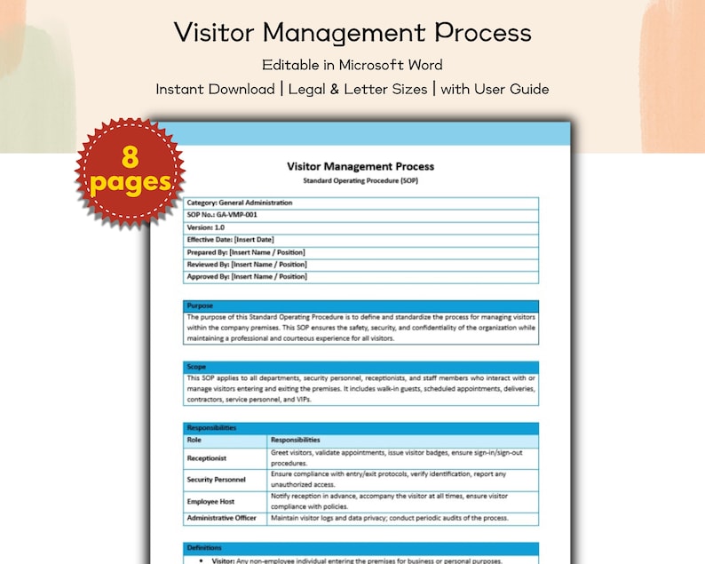 Visitor Management Process Standard Operating Procedure SOP Editable ...
