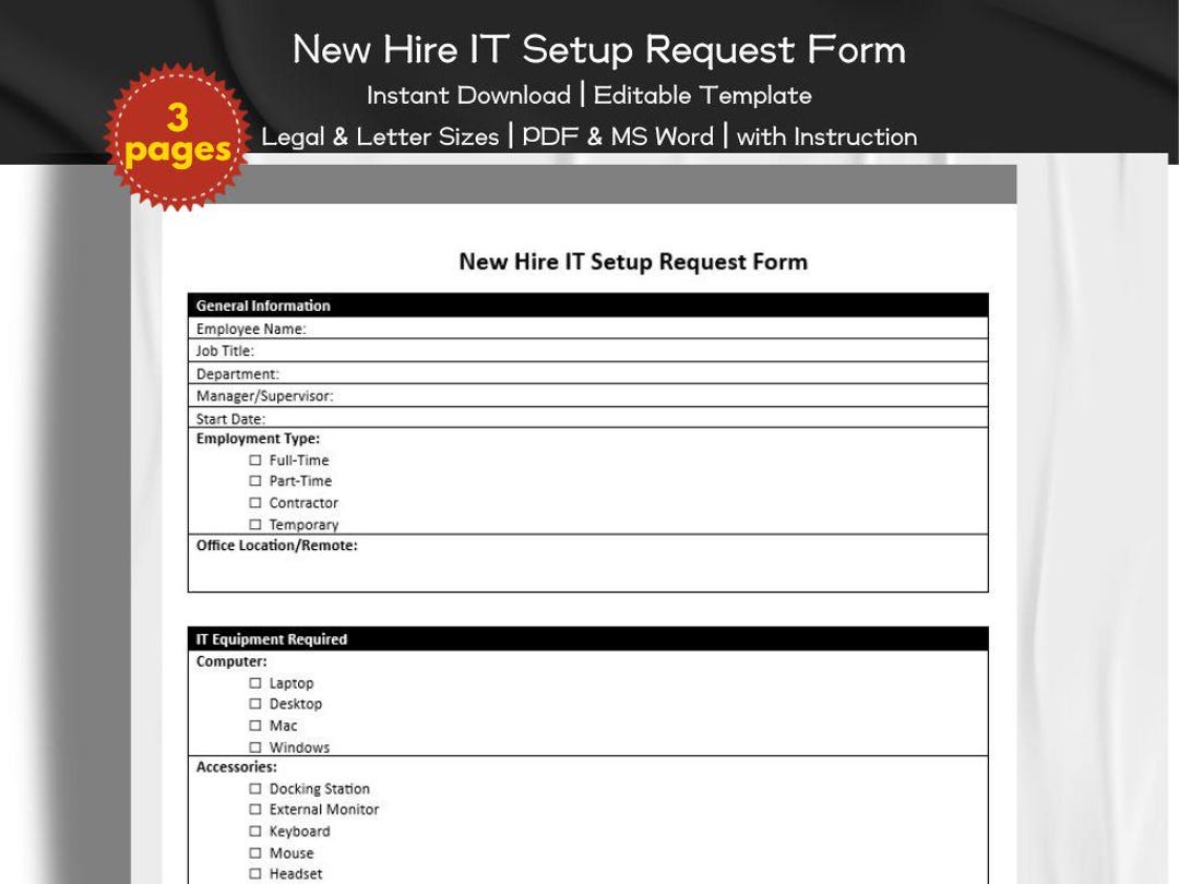 New Hire IT Setup Request Form Editable and Printable Template ...