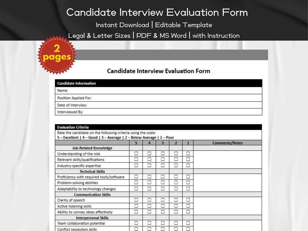 Candidate Interview Evaluation Form Editable and Printable Template ...
